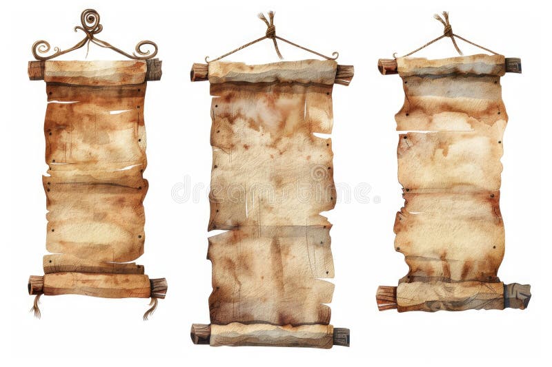 Three Ancient Parchment Scrolls Suspended from a Rope, Perfect for ...