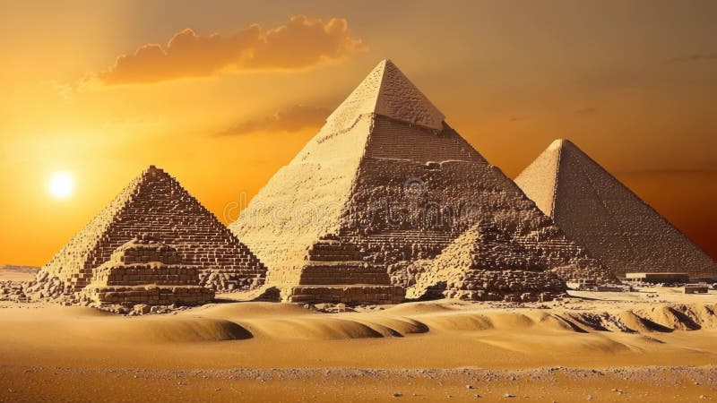 Three Ancient Pyramids in the Desert Landscape at Sunset Stock Footage ...