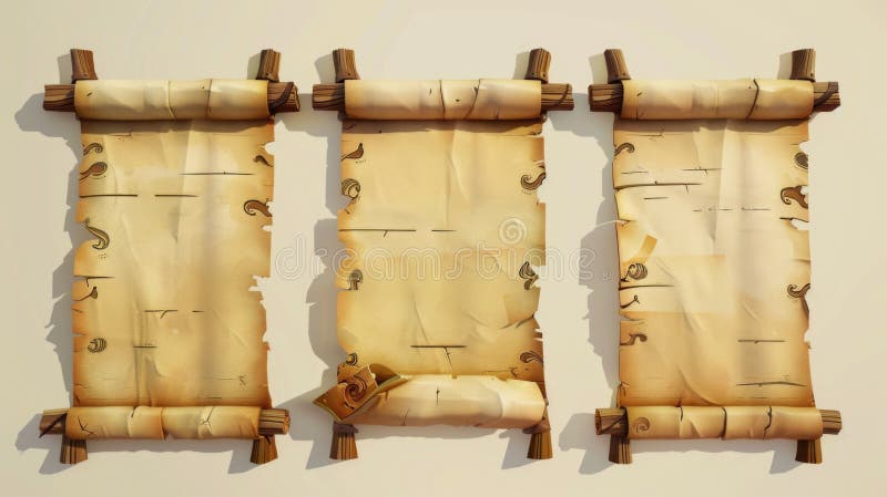 Three Ancient Scrolls Hung on a Stone Wall with Intricate Carvings ...