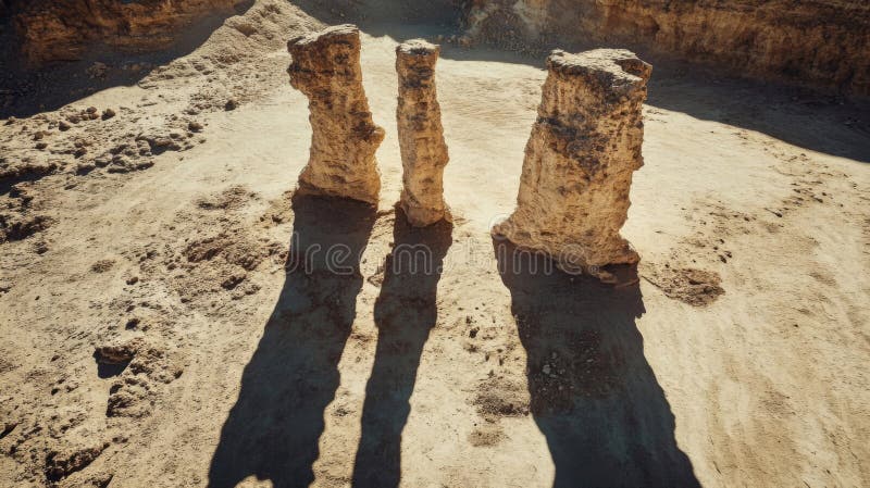 Three Ancient Stone Pillars Stand in Desert Sand Stock Illustration ...