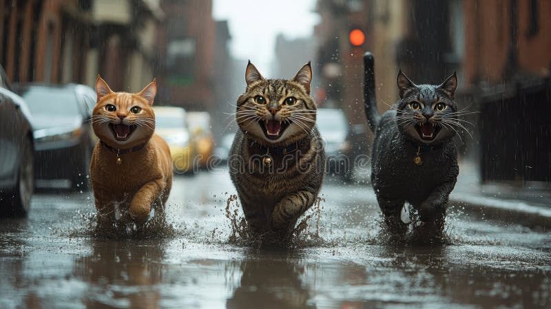 Three Angry Cats are Walking Along a City Street during the Rain Stock ...