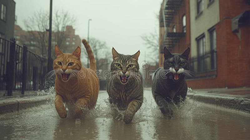 Three Angry Cats are Walking Along a City Street during the Rain Stock ...