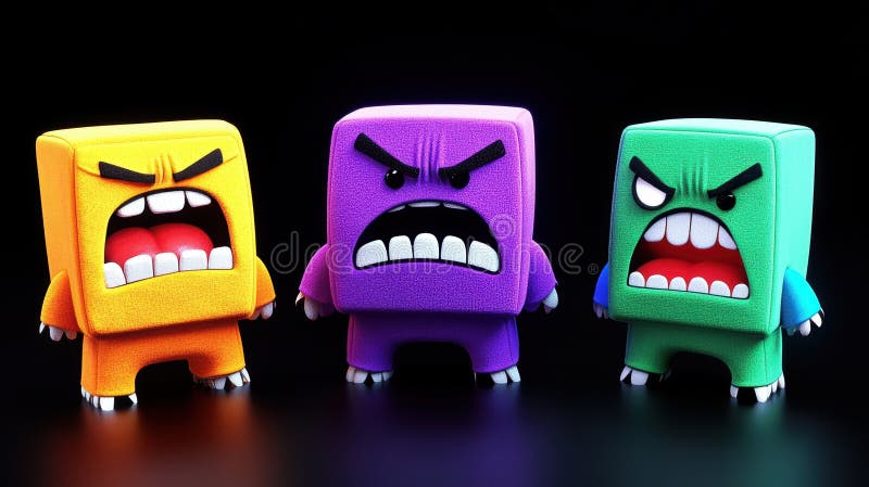 Three Angry Colorful Cubical Monsters 3D Render Cartoon Characters ...
