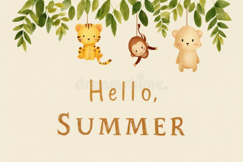 Three Animals Dangle from a Tree Branch with the Phrase Hello Summer ...
