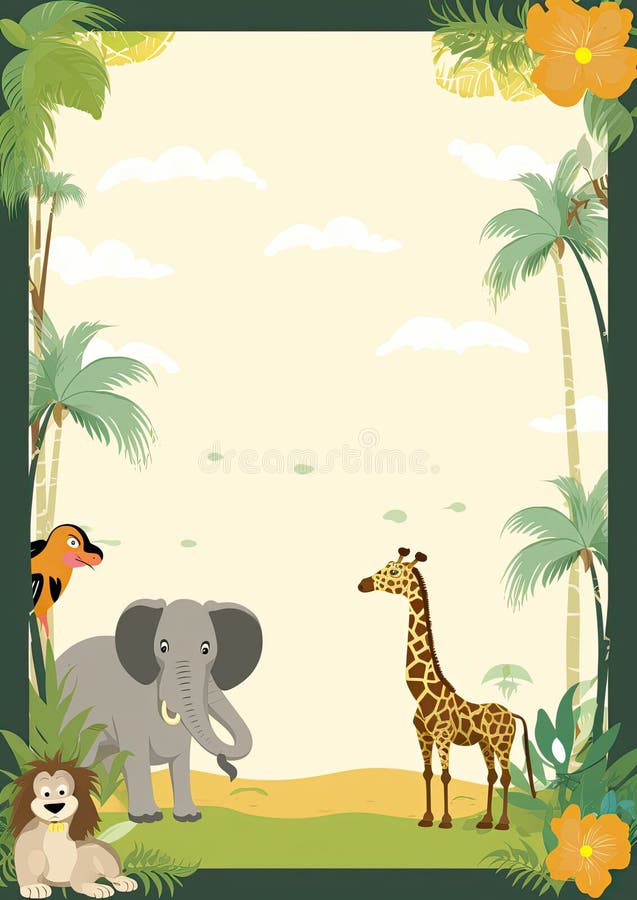 Card Border: Picture Frame Featuring Giraffe, Elephant, and Lion Stock ...