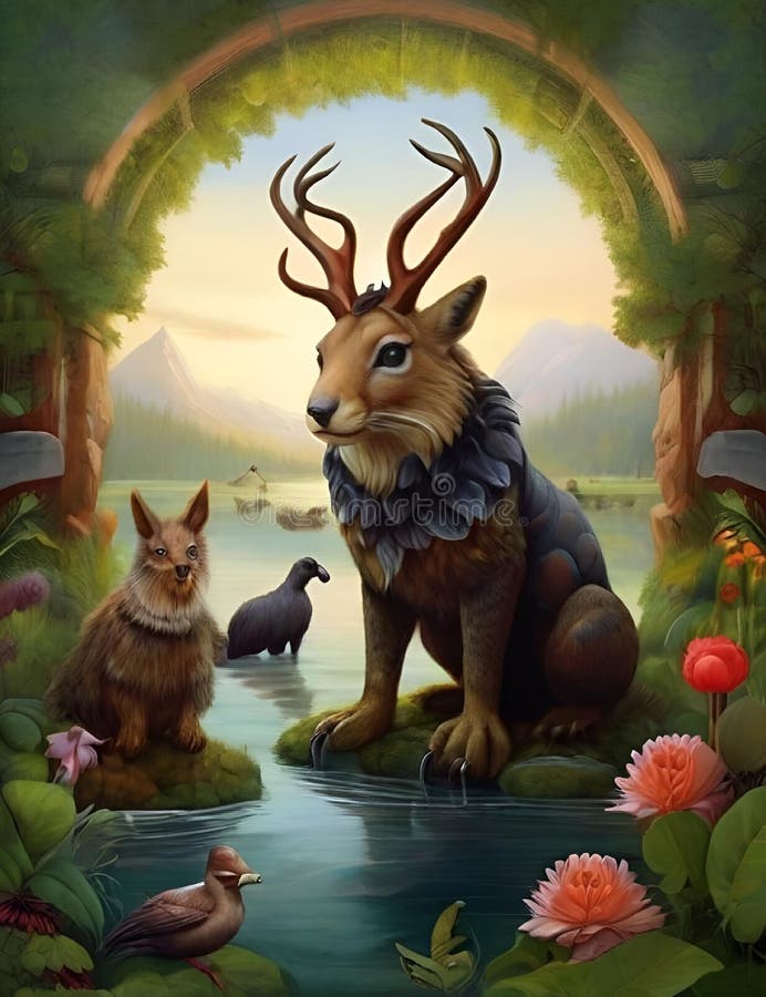 The Three Animals Look Out from a Stream in a Forest Stock Illustration ...