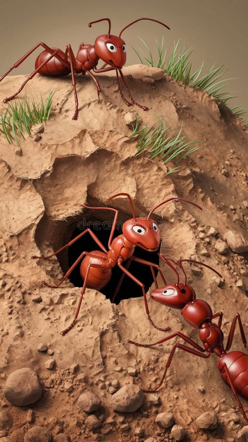 Three Animated Ants on a Mound of Earth, Engaged in Lively Natural ...