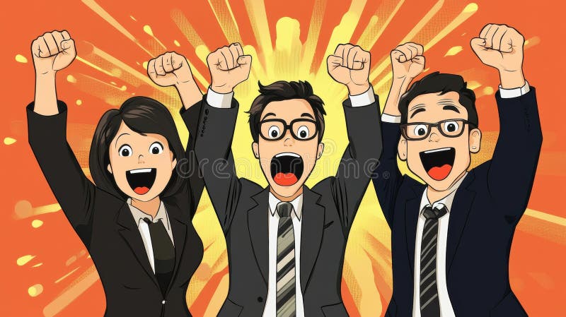 Three Animated Characters Celebrating with Raised Fists and Excited ...