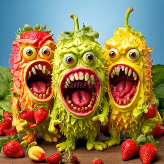 Three Animated Fruit Monsters with Expressive Faces and Strawberries ...
