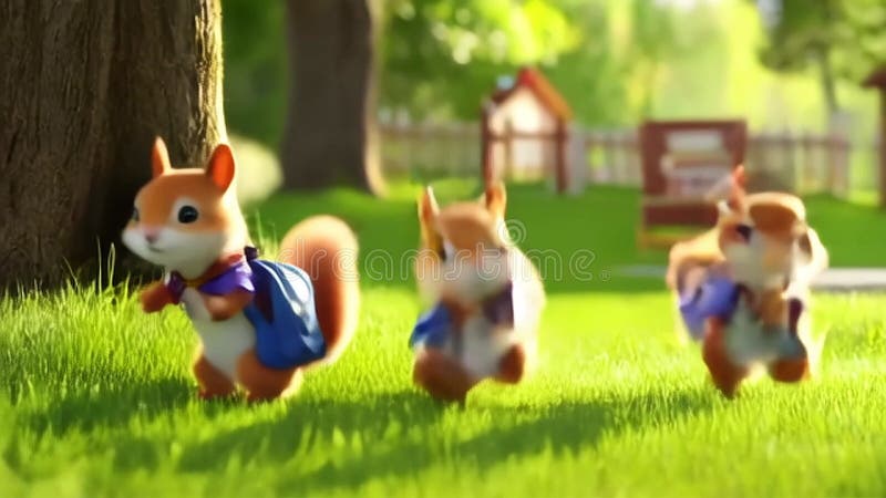Three Animated Squirrel Characters with Backpacks Walking on Green ...