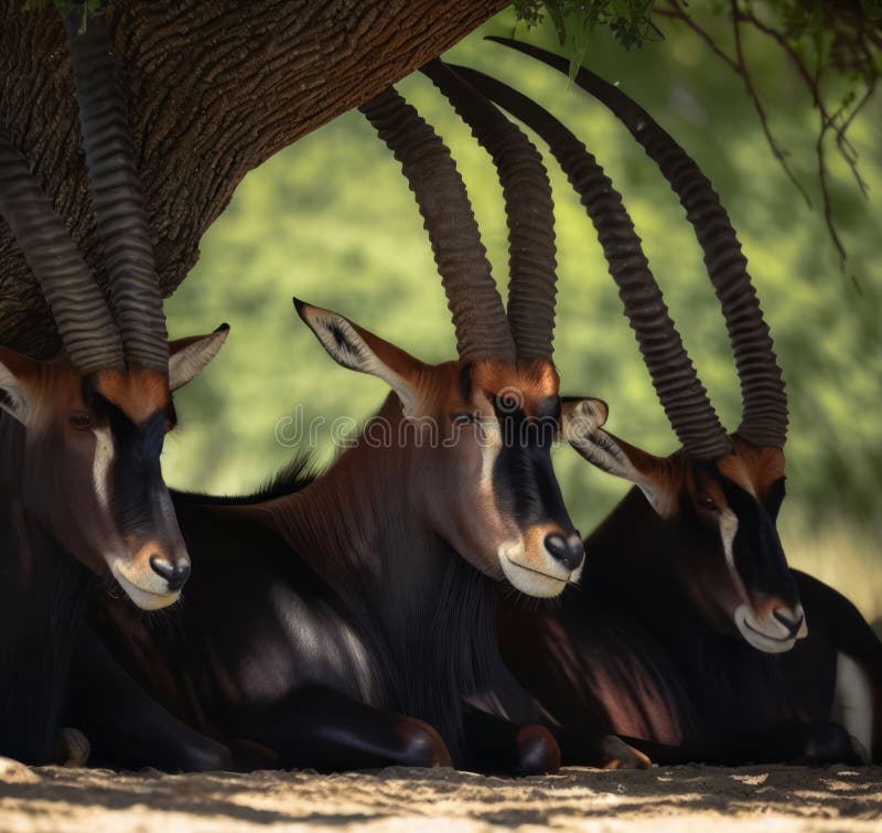 Three Antelope Sitting Under a Tree in the Shade Stock Illustration ...