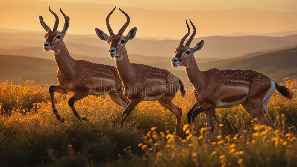 Majestic Impala Antelope Trio at Golden Sunset in African Savanna Stock ...