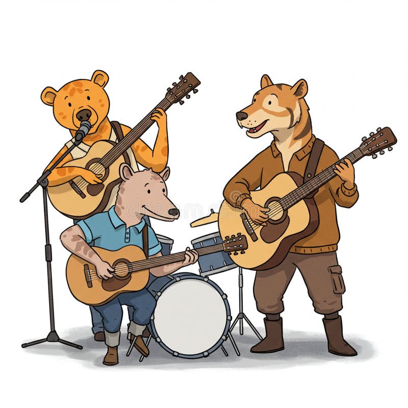 Three Anthropomorphic Animals Form a Band. a Bear Sings into a ...