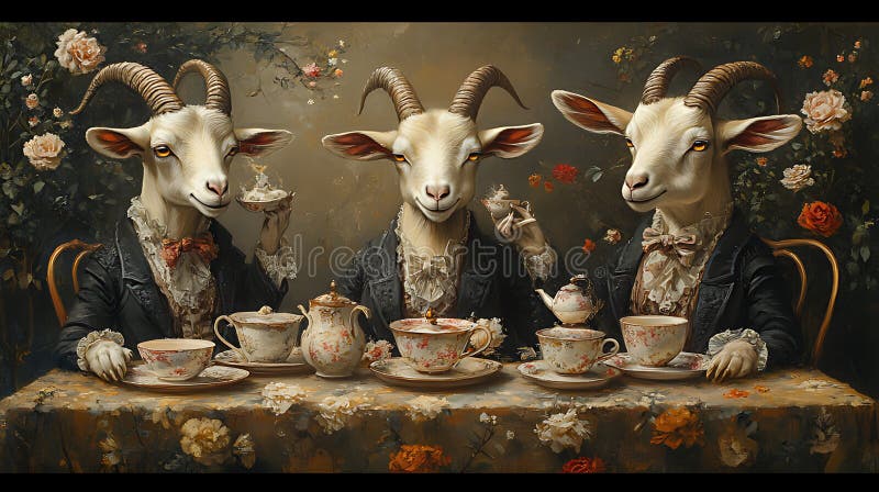 Three Anthropomorphic Goats in Formal Attire Enjoying Tea and Pastries ...