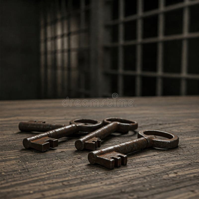 Three Antique Keys on a Wooden Table by the Bars. Stock Photo - Image ...