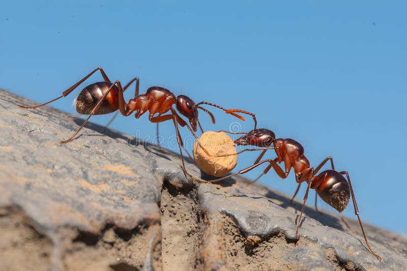 Three Ants Collaborate To Transport Object Against Clear Blue Sky ...