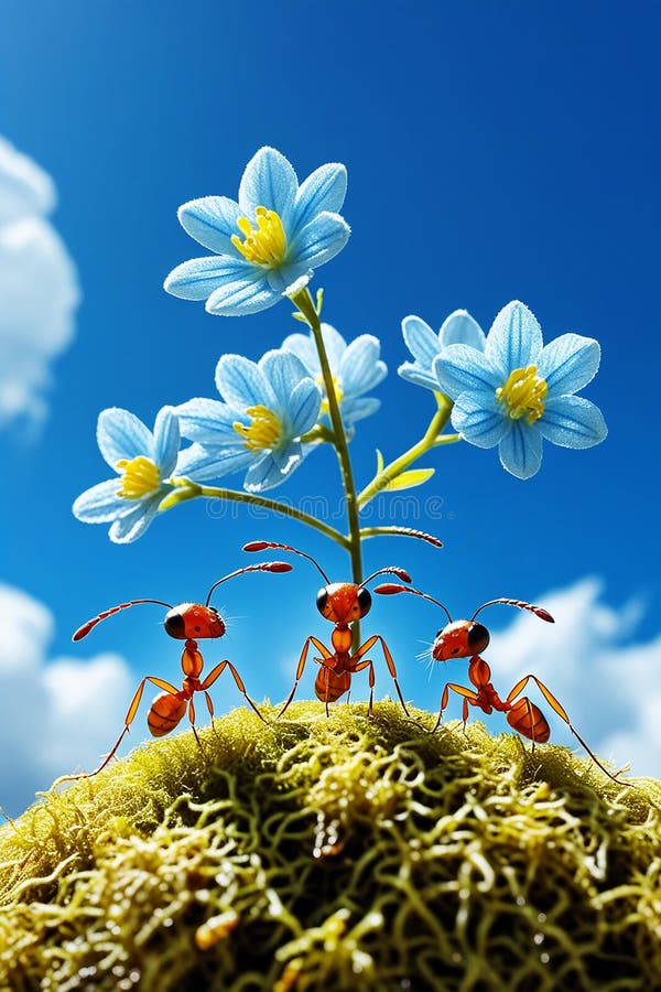 Ants Lifting a Mossy Mound with Blue Flowers Under a Clear Sky Stock Photo - Image of carrying ...