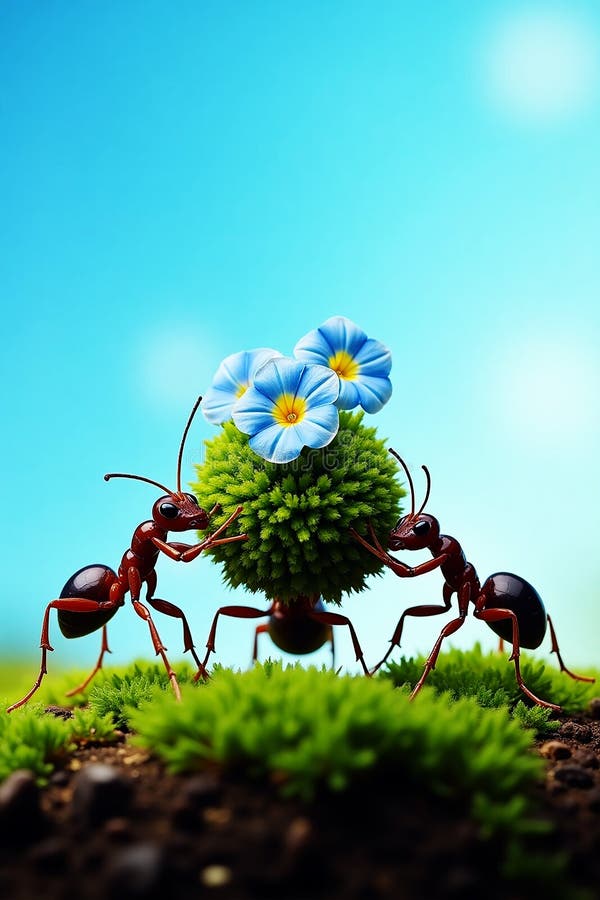 Ants Lifting a Mossy Mound with Blue Flowers Under a Clear Sky Stock Image - Image of head, herb ...