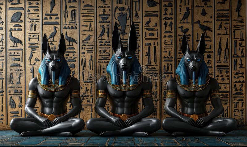 Three Anubis Statues in Ancient Egyptian Style with Hieroglyphics ...