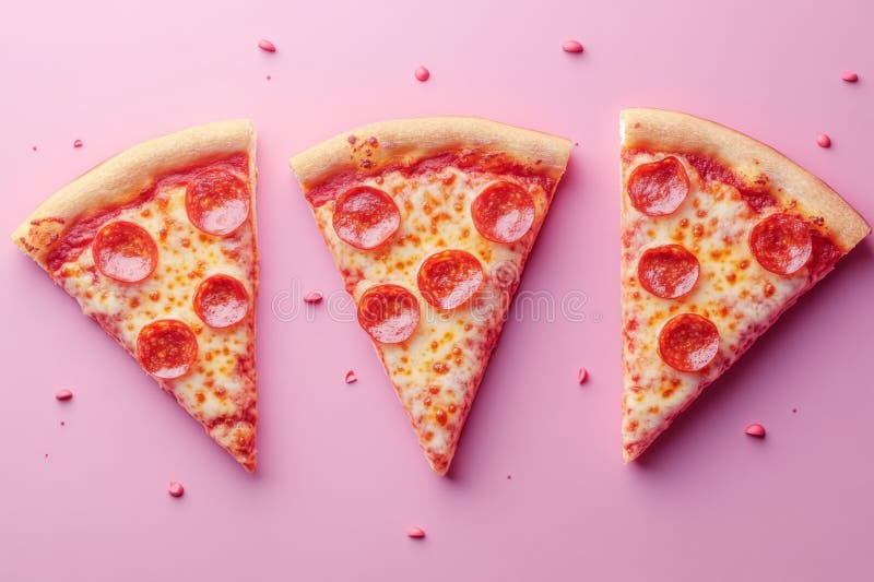 Three Appetizing Pepperoni Pizza Slices Arranged on a Vibrant Pink ...