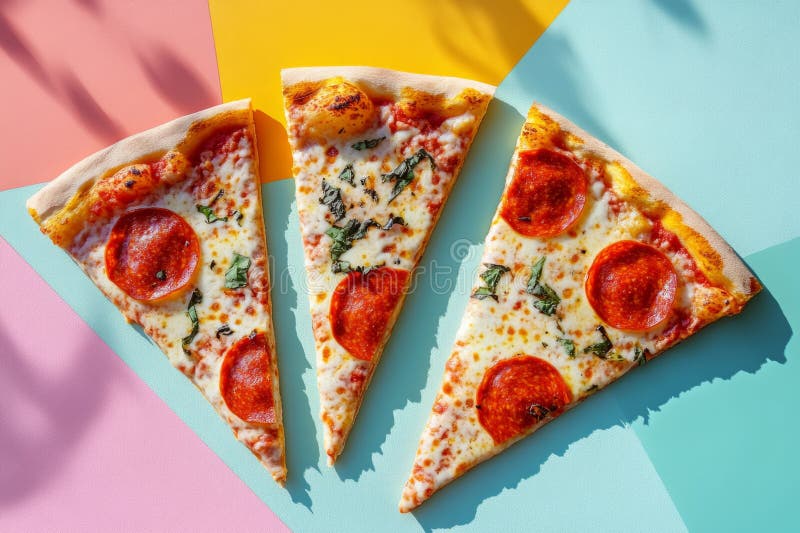 Three Appetizing Pepperoni Pizza Slices are Laying on a Vibrant ...
