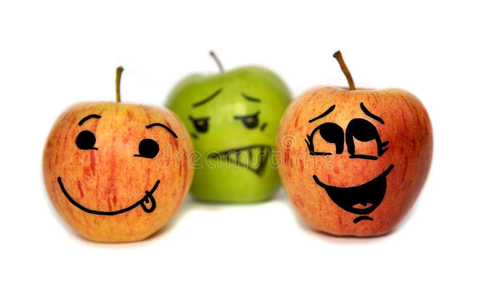 Three Apples with Cartoon Faces Isolated Stock Photo - Image of ...