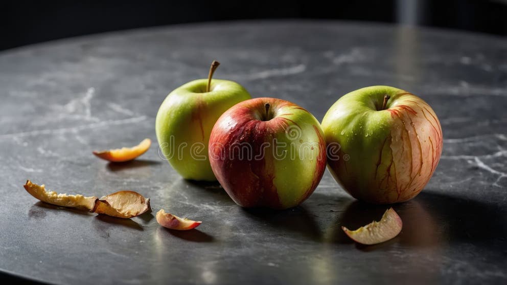 Three Apples on a Dark Surface with Apple Peels Scattered Around Stock ...