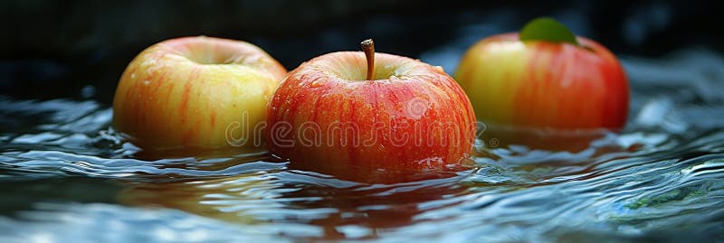 Three Apples Each with a Unique Color Float on the Surface of Clear ...