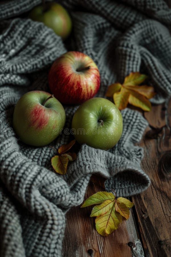 Three Apples Sit on a Blanket on a Table, Perfect for a Still Life or ...