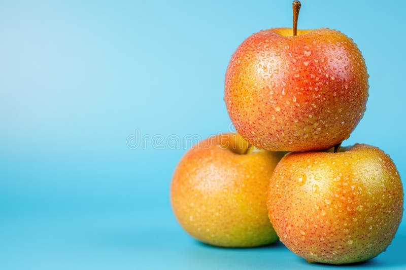 Three Apples Stacked Vertically on a Blue Surface Create a Simple yet ...