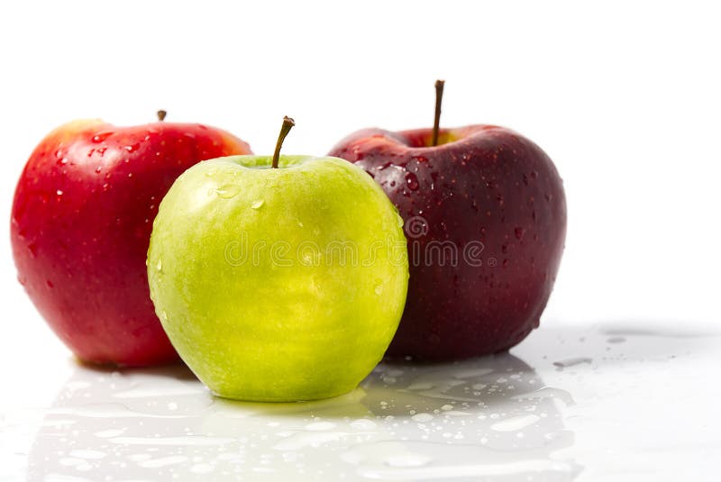 Three Apples with Water Drops. Delicious Appetizing Beautiful Fresh ...