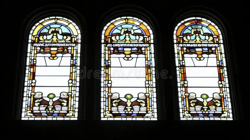 Three Arched Stained Glass Windows with Geometric Patterns Stock ...