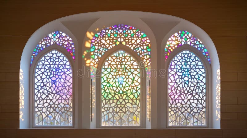Three Arched Stained Glass Windows Illuminate a Building Stock ...