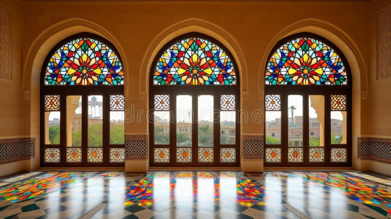 Three Arched Stained Glass Windows Illuminate a Palace Floor Stock ...