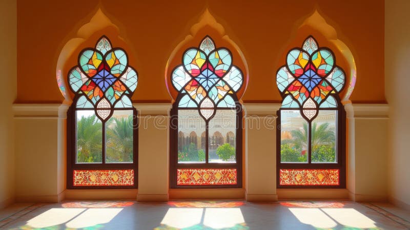 Three Arched Stained Glass Windows Showing a Garden View Stock ...