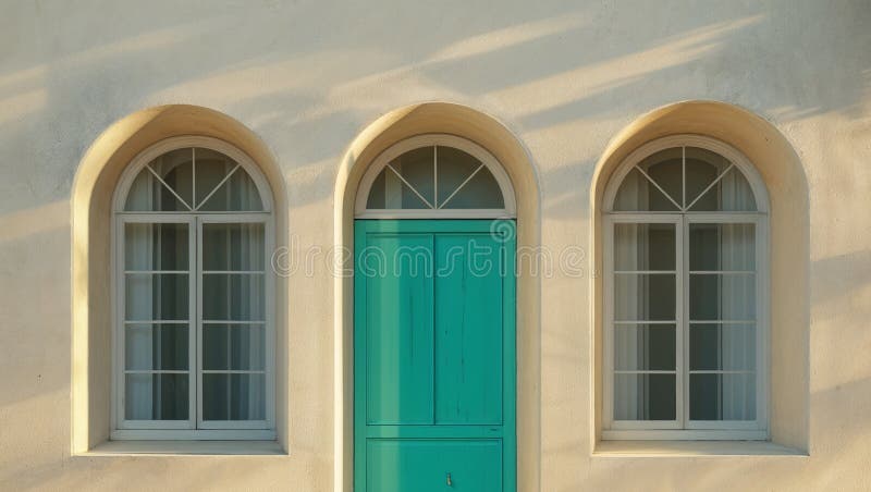 Three Arched Windows and a Central Teal Door on a Beige Stucco Wall ...