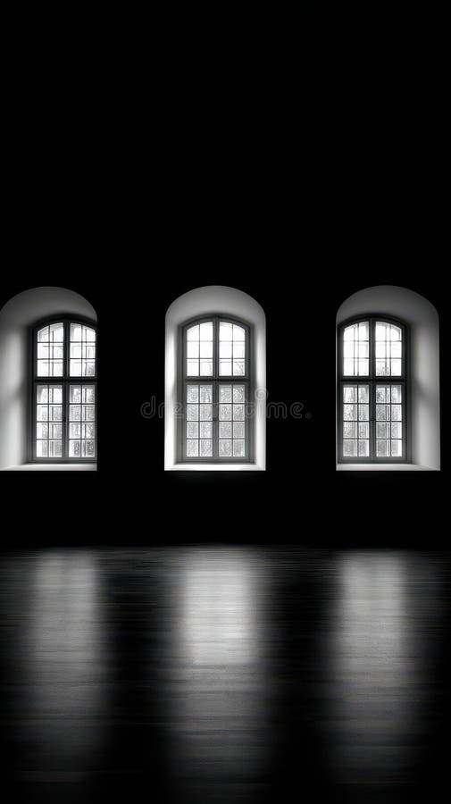Three Arched Windows in a Dark Room with Shiny Wood Floors, Casting ...