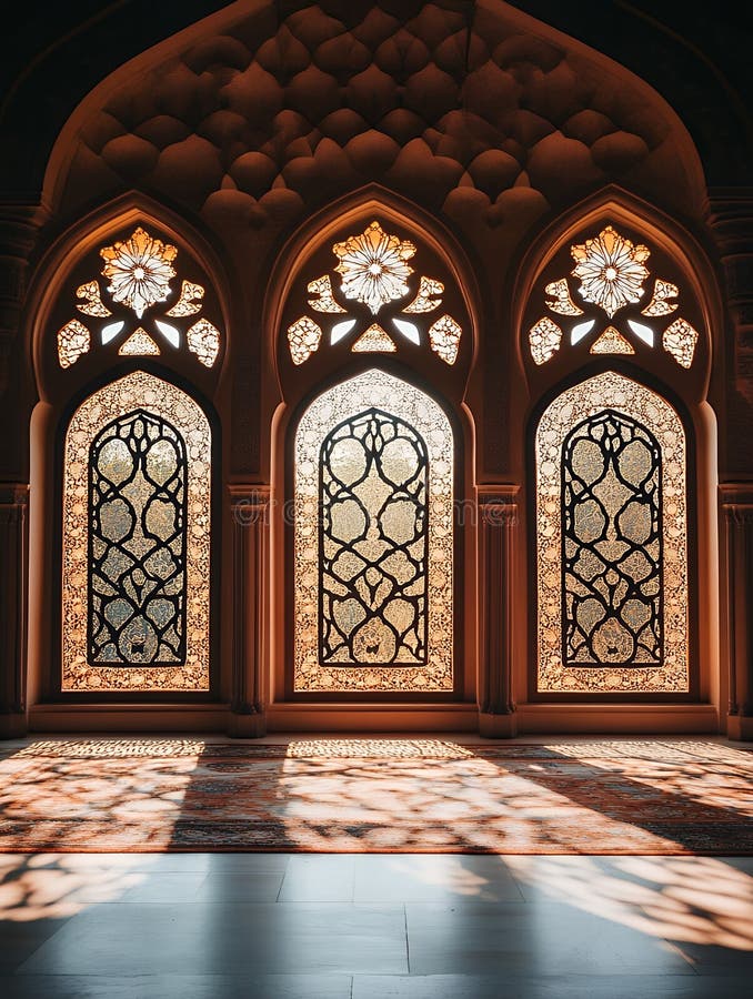 Three Arched Windows with Intricate Floral Designs and Sunlight Casting ...