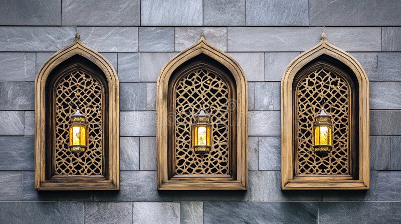 Three Arched Windows with Intricate Lattice and Hanging Lanterns on a ...