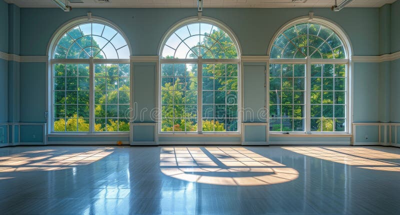Three Arched Windows Showing Green Trees and Sunlight in a Light Blue ...