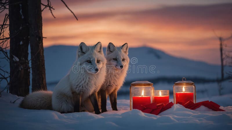 Two Arctic Foxes at Sunset with Burning Candles in Winter Stock ...