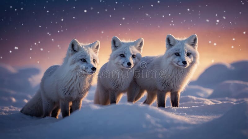 Three Majestic Arctic Foxes in Snowy Landscape at Sunset Stock ...
