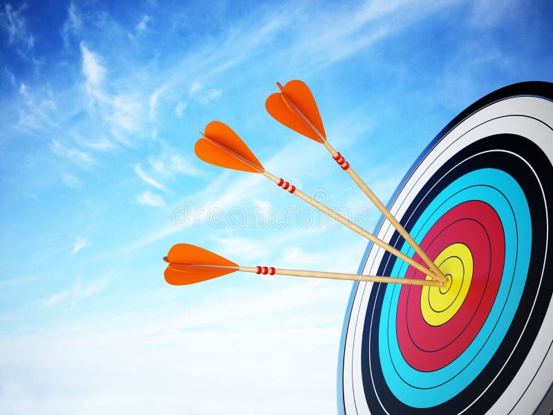 Three Arrows Hit at the Center of the Target. 3D Illustration Stock ...