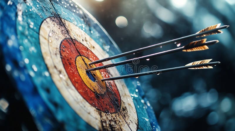 Three Arrows Hitting the Center of Archery Target during the Rain Stock ...