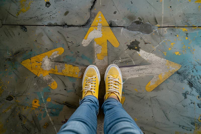 Feet in Yellow Shoes Standing on Floor with Three Arrows Pointing in ...