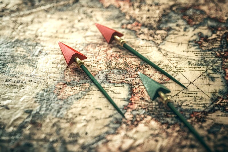 Arrows Pointing Different Directions on Antique Map Symbolizing ...