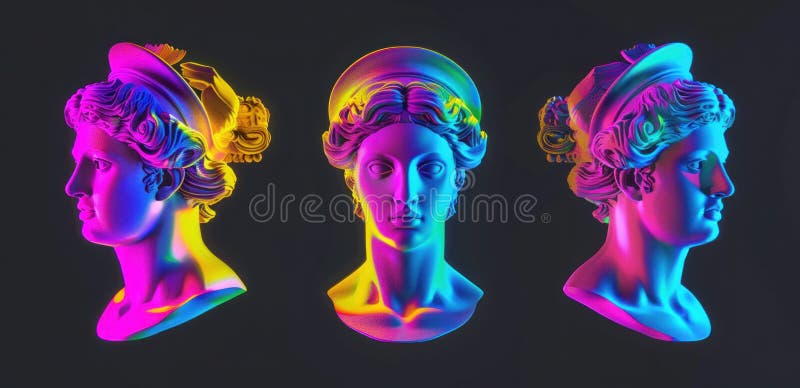 Colorful D Sculptures of Classical Busts with Vibrant Neon Highlights ...