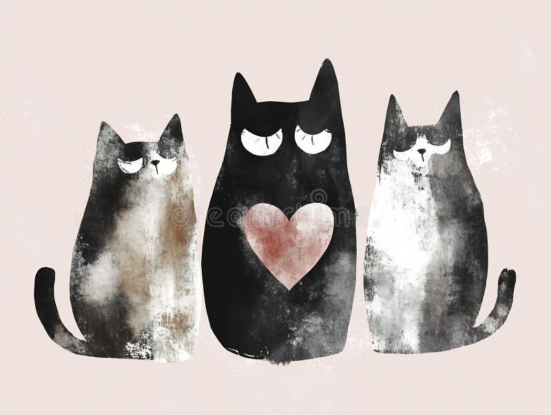 Three Artistic Cats with One Displaying a Heart on a Minimalist ...