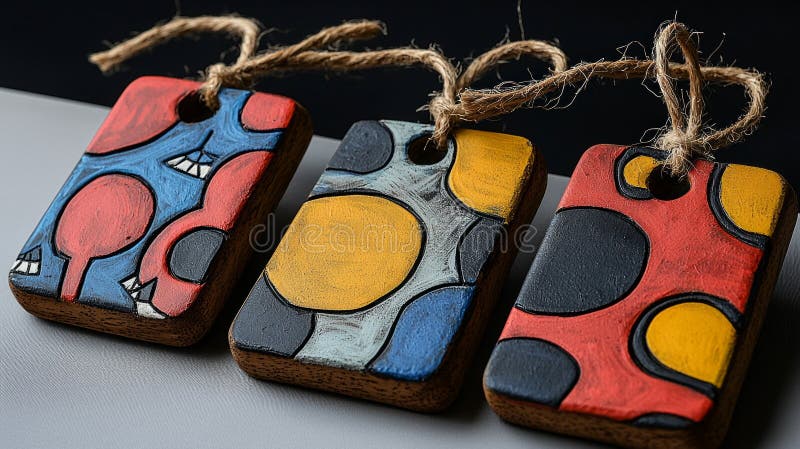 Three Artistic Hand Painted Tags Connected Natural Twine String are ...