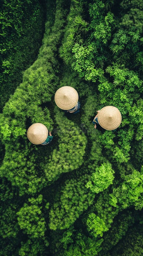 Three Asian Men in Cone Hats Collecting Rice in Green Fields Stock ...